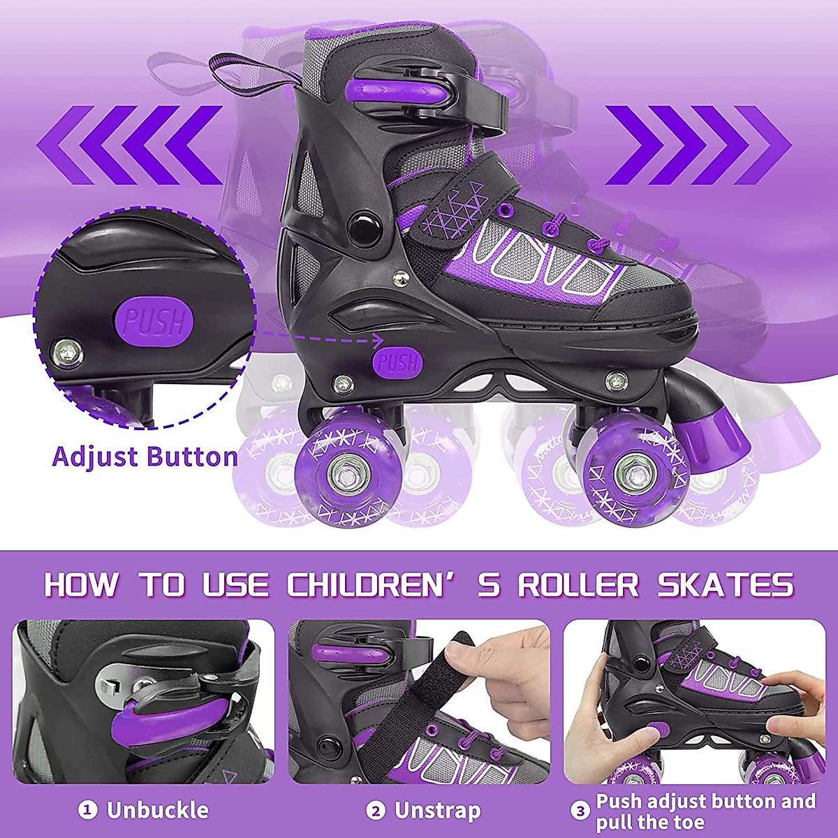 MammyGol Roller Skates for Kids Boys Girls, Adjustable Quad Skates with Light Up Wheels for Toddler Little Kids Ages 6-12 Size 13C 1 2, Beginners Outdoor Sports, Purple