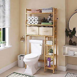 SMIBUY Over The Toilet Storage, Bamboo 6-Tier Bathroom Storage Shelf with Drawers, Freestanding Above Toilet Organizer Rack, Mass-Storage, Space Saver for Small Room (Natural)