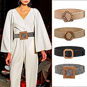 Geyoga 4 Pieces Straw Belts for Women Dresses Straw Woven Elastic Stretch Wide Waist Belt Bohemian with Buckle (38 Inch Long)