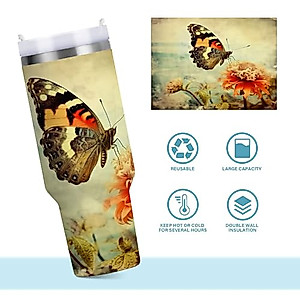 Jihqo Old Grungy Butterfly 40 oz Stainless Steel Vacuum Insulated Tumbler with Handle and Straw Lid, Leakproof Water Bottle Double Wall Travel Mug Coffee Cup, Cupholder Friendly