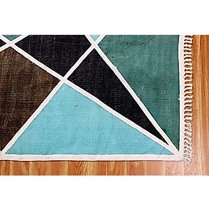 Casavani Hand Made Cotton Dhurrie Geometric Blue & Brown Tassel Rug Easy Care Washable Rugs for Doormat Entryway Living Room Bedroom Hallway Balcony 5x7 Feet