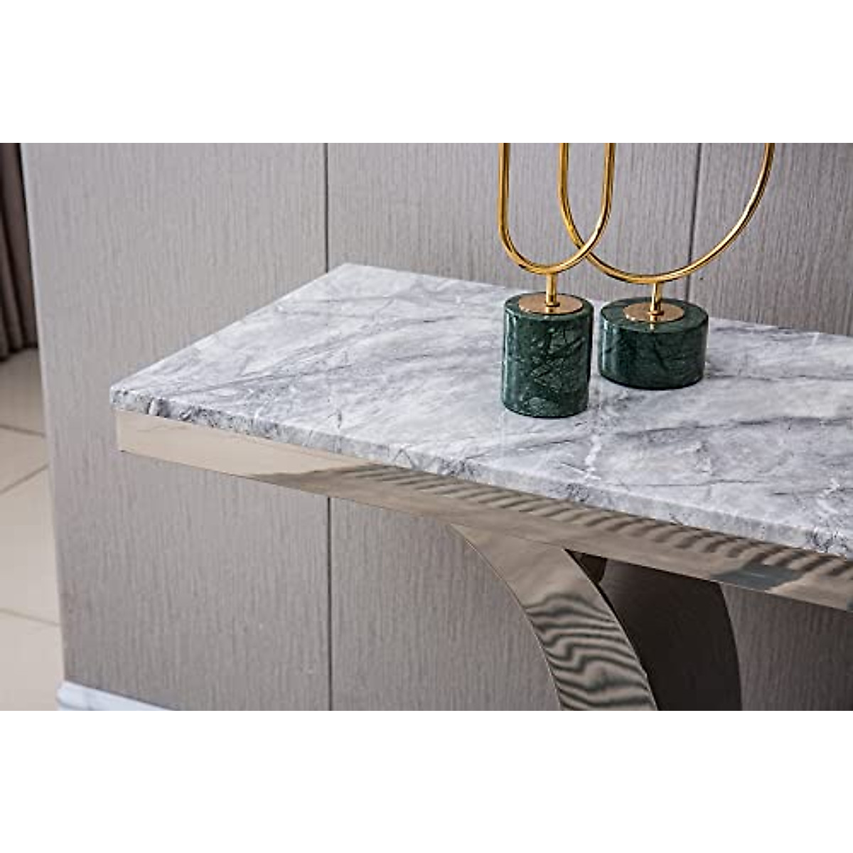 SSLine Modern Silver Console Table Luxury Grey Genuine Marble Console Table with Mirrored Stainless Steel Pedestal Base 50" Rectangular Entryway Hall Tables for Living Room Hallway
