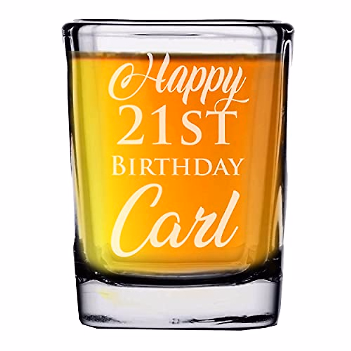 Customized 21st Birthday Party Shot Glass, Wine Glass, Beer Glass and Champagne Flute - Personalized and Engraved (2 oz Square Shot Glass)