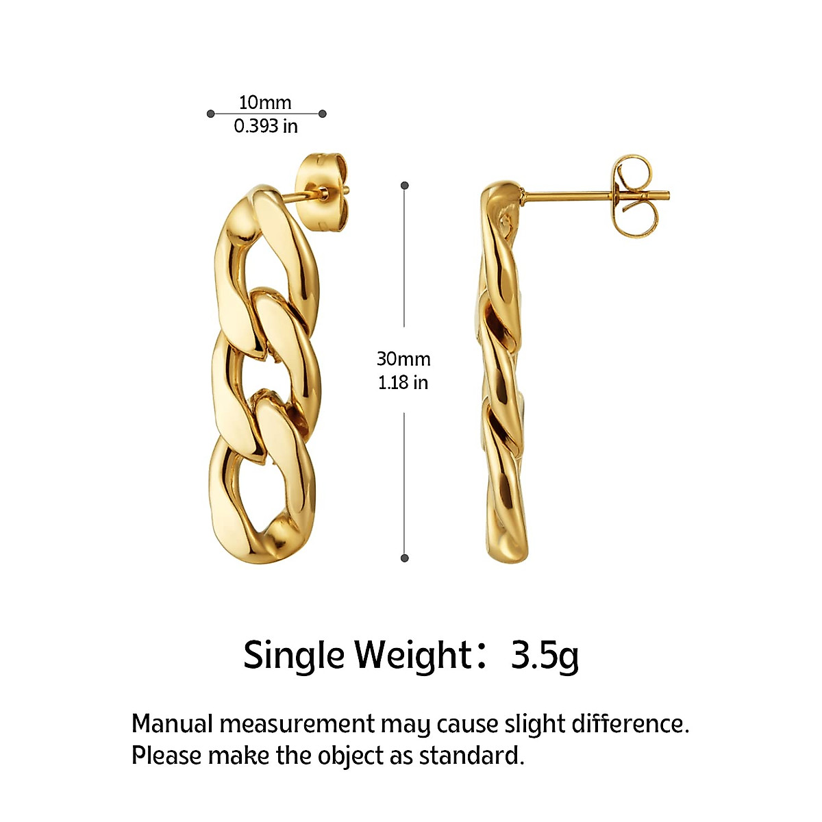 14K Thick Gold Dangle Small Earrings Link Chain Jewelry Hypoallergenic for Women