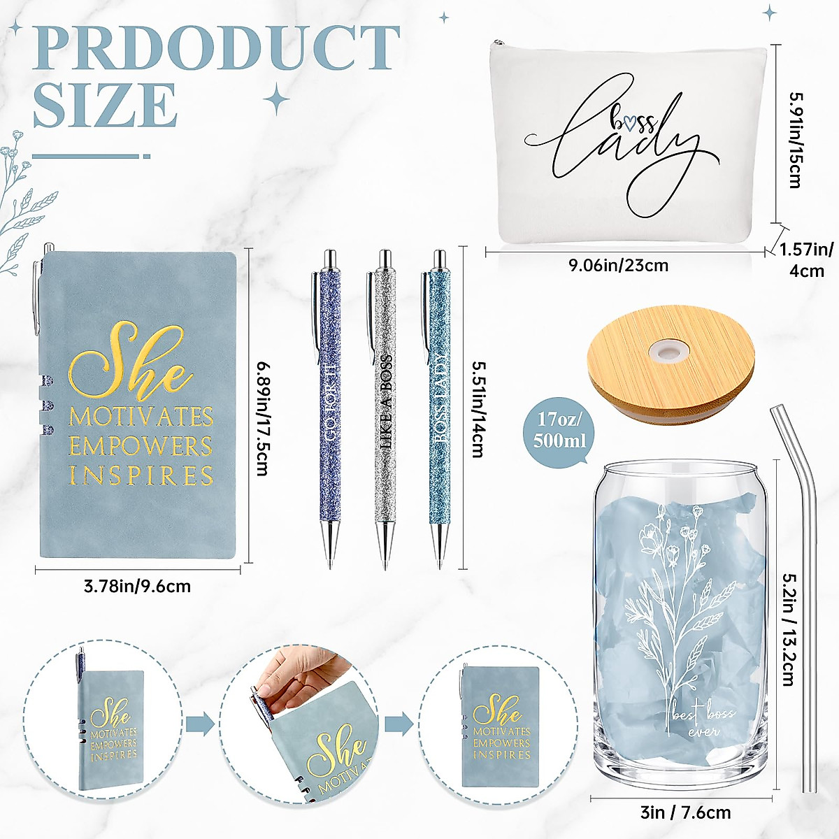 Funnymoom 6 Pcs Boss Day Gift Set Lady Appreciation Day Thank You Gifts for Women Best Boss Ever Gift 17 oz Aesthetic Boho Flower Sign Glass Tumbler Makeup Bag A6 Notepad with 3 Ballpoints, Blue