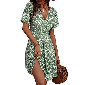 FENSACE Women's Casual Dresses Fit and Flare Green Floral Dress(Floral-32,Large)