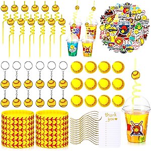 Sliner 122 Pcs Softball Party Favors Sets Includes Plastic Cups with Dome Lids Straws Stickers Mini Rubber Bracelets Softball Keychain Thank You Tag for Softball Party Birthday Decoration