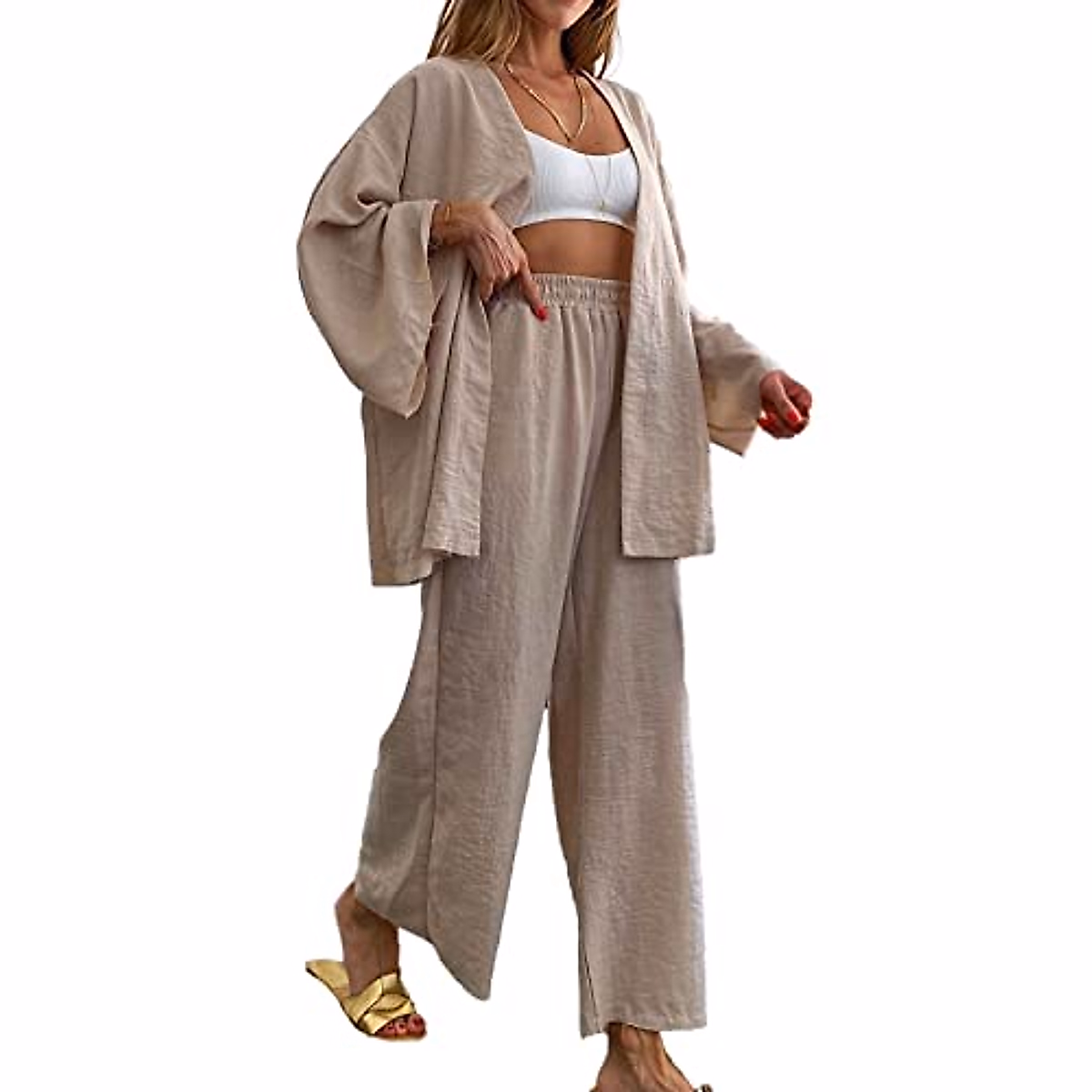 Asskdan Womens 2 Piece Outfits Lounge Sets Linen High Waisted Pants Oversized Cardigan (x_l, Apricot)