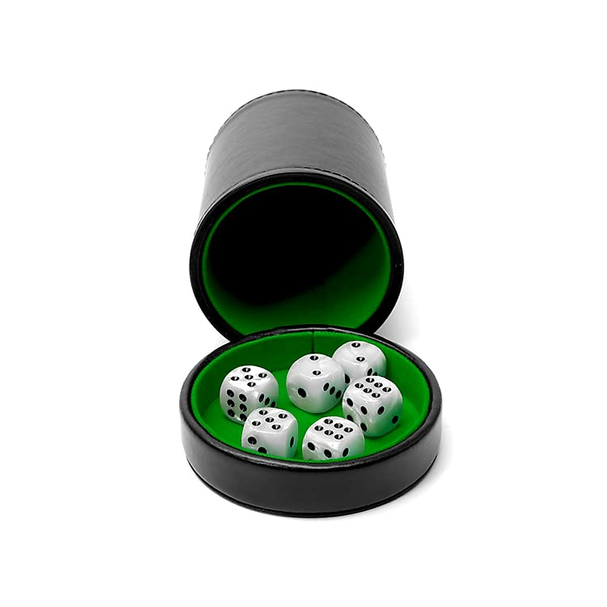 Luck Lab Black Leather Dice Cup with Lid Including 6 Matching Pearl Dice - Green Velvet Interior for Quiet Shaking - Use for Liars Dice Farkle Yahtzee Board Games
