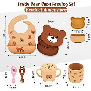 THE BABY BOUTIQUE Baby Led Weaning Supplies - 7 PCS Teddy Bear Silicone Baby Feeding Set : Suction bowl, Baby utensils, Plate, Bib, Snack cup and Drinking cup - Perfect Complement for Nutribullet Baby