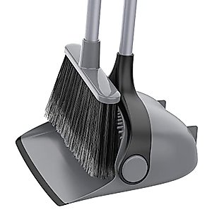 MR.SIGA Broom and Dustpan Set with Long Handle, Upright Broom and Dustpan Combo for Floor Cleaning, Lobby Broom with Adjustable Handle, Gray