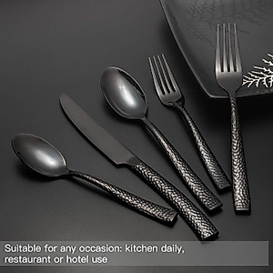Kelenfer Silverware Set Black Flatware Set Stainless Steel 40 Pieces Cutlery Set Hammered Pattern Mirror Polished Home Hotel Use Service for 8, (KL9001)