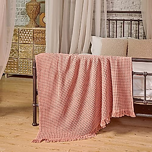 Amélie Home 100% Cotton Waffle Knit Throw Blanket, Soft Lightweight Blanket with Tassels, Decorative Breathable Textured Throw Blankets for Couch Bed Sofa, 50x60, Coral