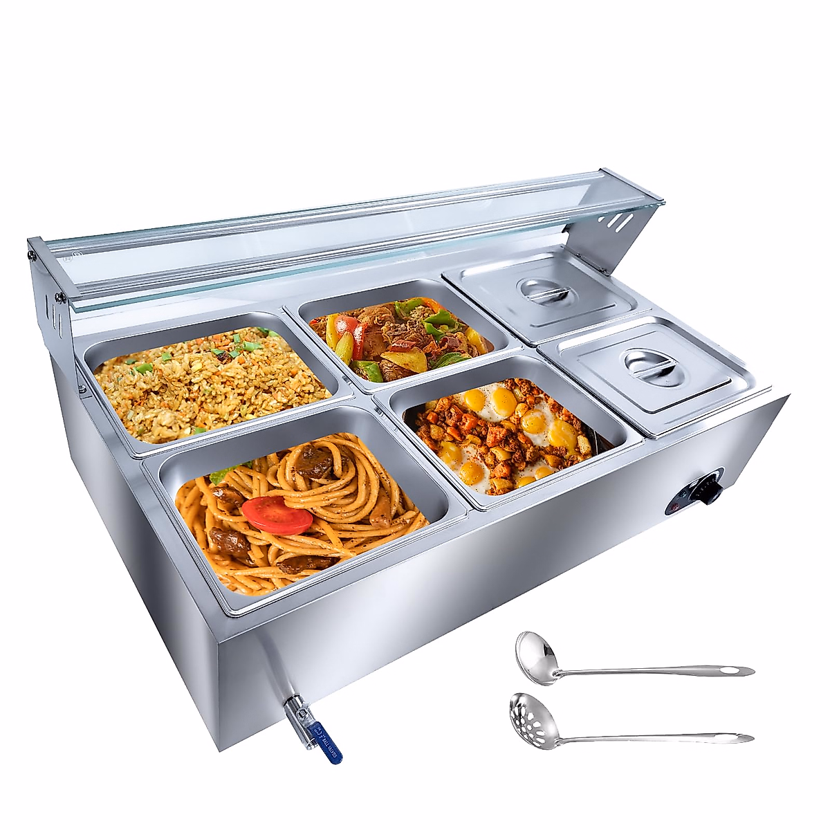 GAOMON 6-Pan Commercial Food Warmer, Electric Steam Table 12QT/ Pan, 1500W Countertop Stainless Steel Buffet Bain Marie with Tempered Glass Cover, Temperature Control for Buffet Party Restaurant