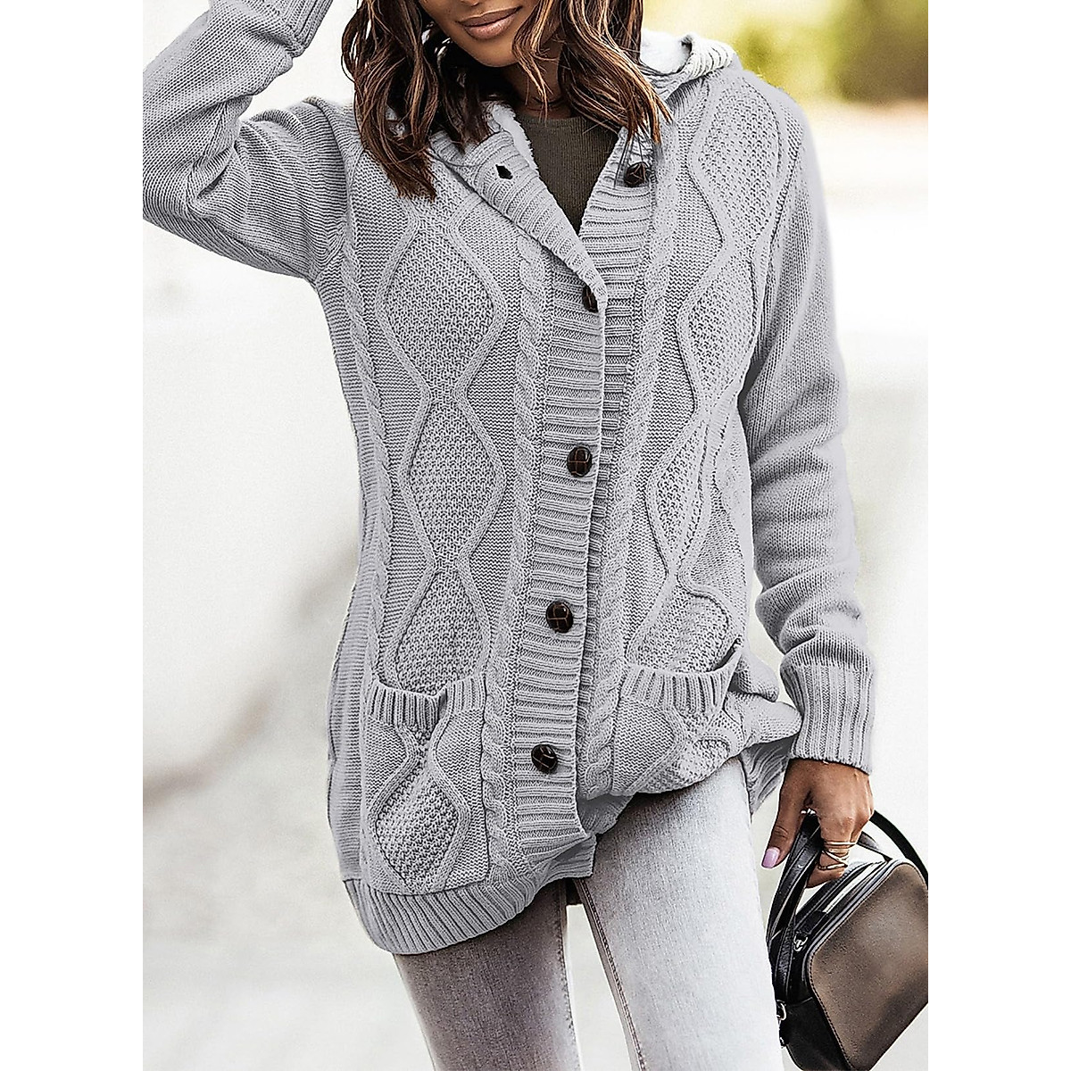 Sidefeel Women's Fleece Jackets Winter Coat Hooded Sweater Cardigans with Pockets 2024 Fashion Outfit Clothes Medium Gray