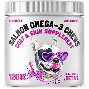 Omega 3 Alaskan Salmon Oil Treats for Dogs 120 Fish Oil Chew Supplement Skin and Coat Allergy and Itch Relief Hip & Joint Health Brain Shedding Hot Spots Treatment Omega 3 6 9 EPA & DHA Fatty Acids