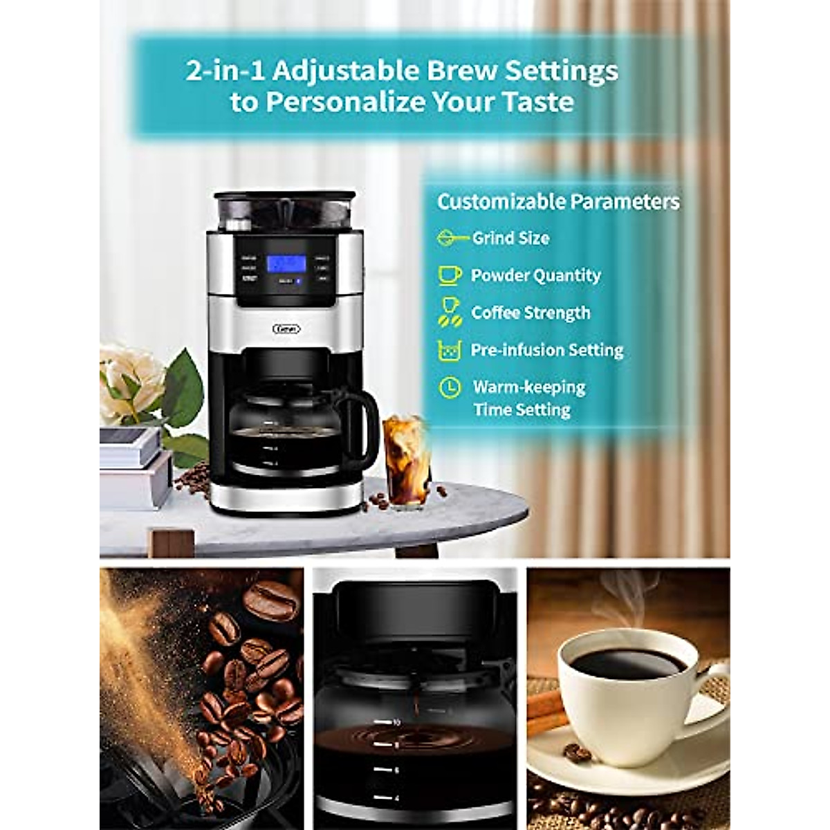 10-Cup Drip Coffee Maker, Grind and Brew Automatic Coffee Machine with Built-In Burr Coffee Grinder, Programmable Timer Mode and Keep Warm Plate, 1.5L Large Capacity Water Tank,900W, Black (Aluminum, 10 Cup)