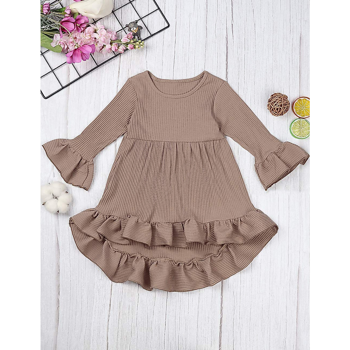bilison Toddler Baby Girl Dress Flare Long Sleeve Solid Color Irregular Sundress Party Princess Dress