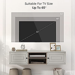 HAUSHECK Modern Floating Stand for 65 Inch TVs with 2 Large Storage, 3 Levels Adjustable Shelves, Cable Management & Magnetic Cabinet Door, Wall Mounted Entertainment Center Media Console, Beige