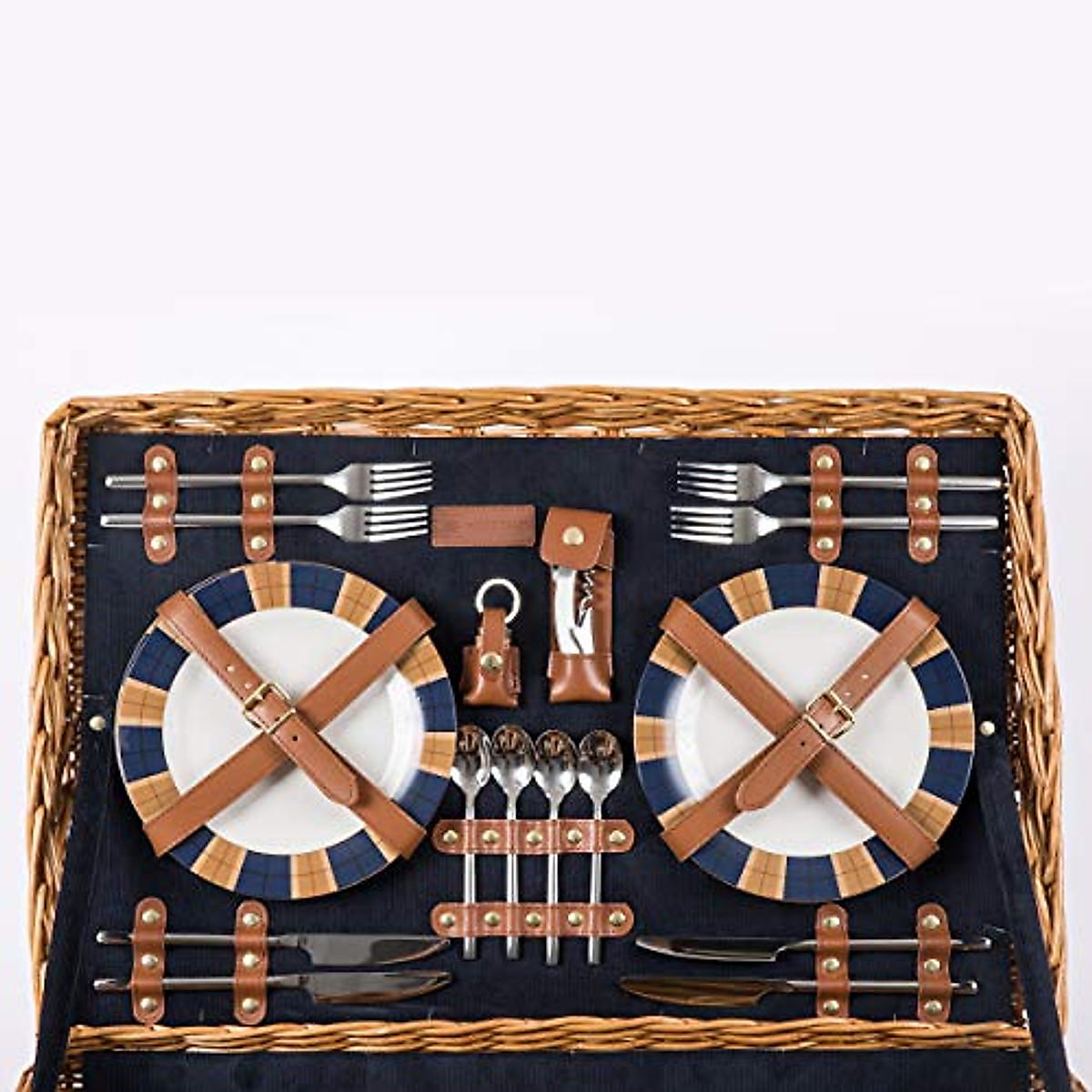 PICNIC TIME Windsor Luxury Wicker Picnic Basket, Deluxe Set for 4, Navy Blue
