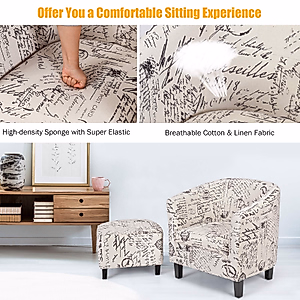 Giantex Modern Accent Chair with Ottoman, Upholstered Barrel Tub Chair and Footrest Set, Linen Fabric Club Arm Chair w/Solid Wood Legs, Ideal for Living Room, Bedroom, Garret