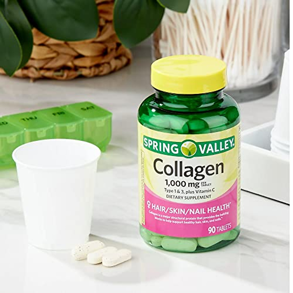 Improve Your Skin Elasticity and Joint Health with Spring Valley Collagen Type 1 & 3 + Vitamin C Dietary Supplement - 1,000mg Tablets, 90 Count. Includes Luall Fridge Magnetic