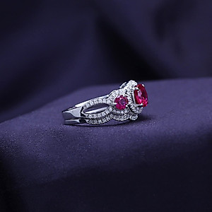 GEMVIO Collection Three Stone Ring, Round Cut Lab Created Ruby Gemstone & Natural Diamond Halo Bridal Set Engagement Ring In 14K White Gold Over Sterling Silver Wedding Band Ring-8