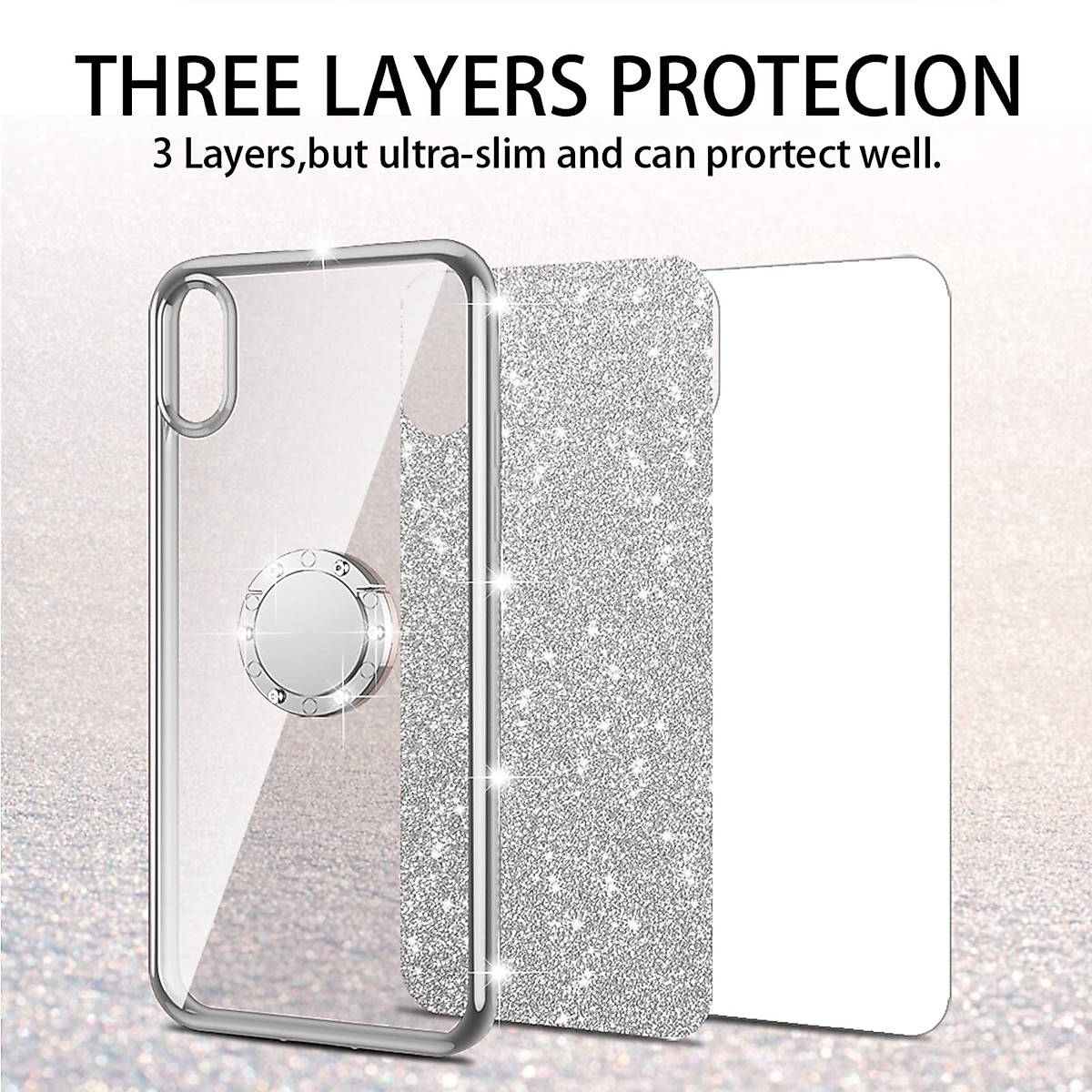 for Cricket Icon 3 Phone Case (3rd Version) Cute Girls Women Glitter Soft Silicone Case with Ring Stand Strap Lanyard Shockproof Protection Cover for Cricket Splendor / At&t Motivate 2 (2nd) - Silver