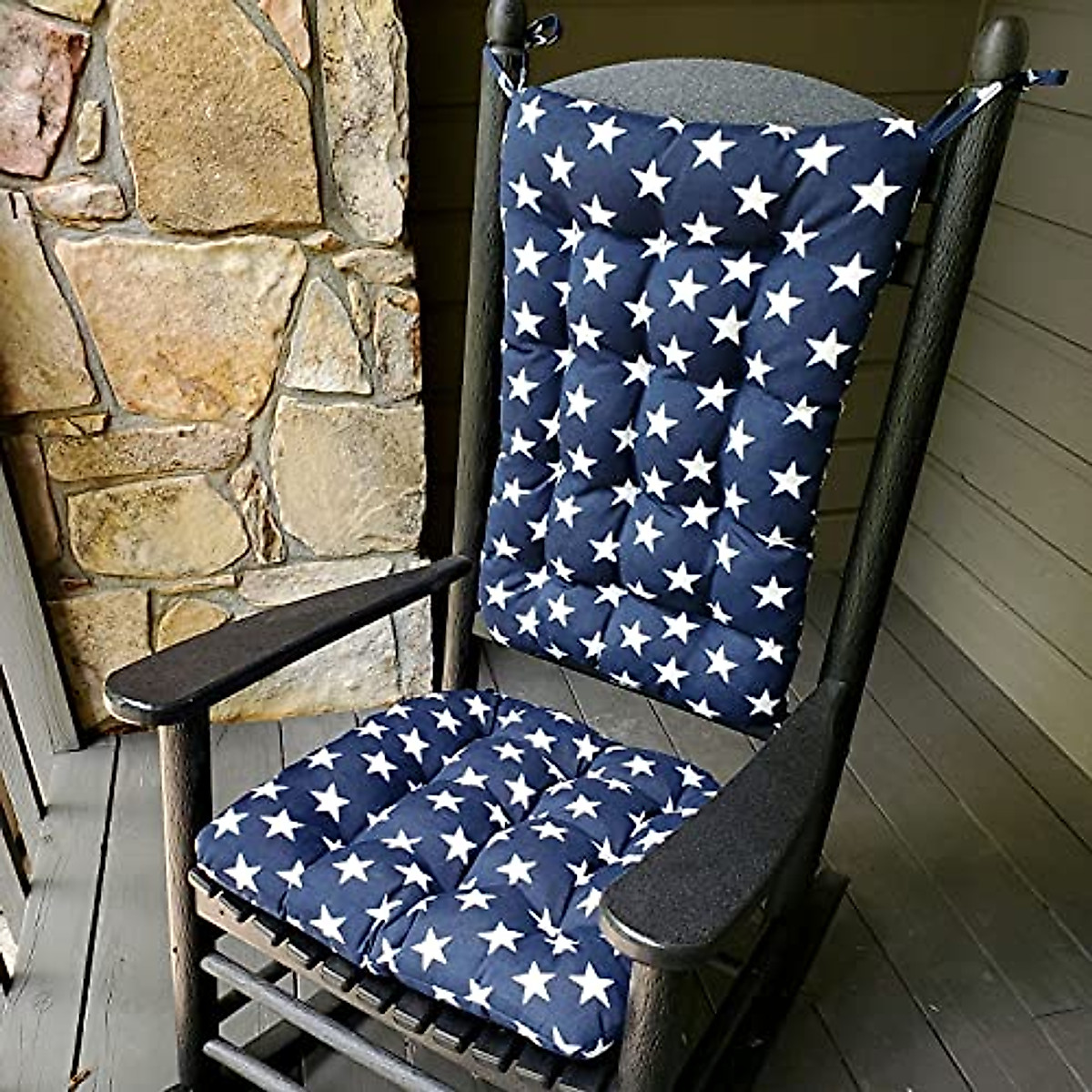 Barnett Home Decor Stars Navy Porch Rocker Cushions - Indoor-Outdoor: Fade Resistant, Waterproof - Latex Foam Fill Rocking Chair Seat Cushion & Backrest Pad Set (Extra-Large, Stars Navy)
