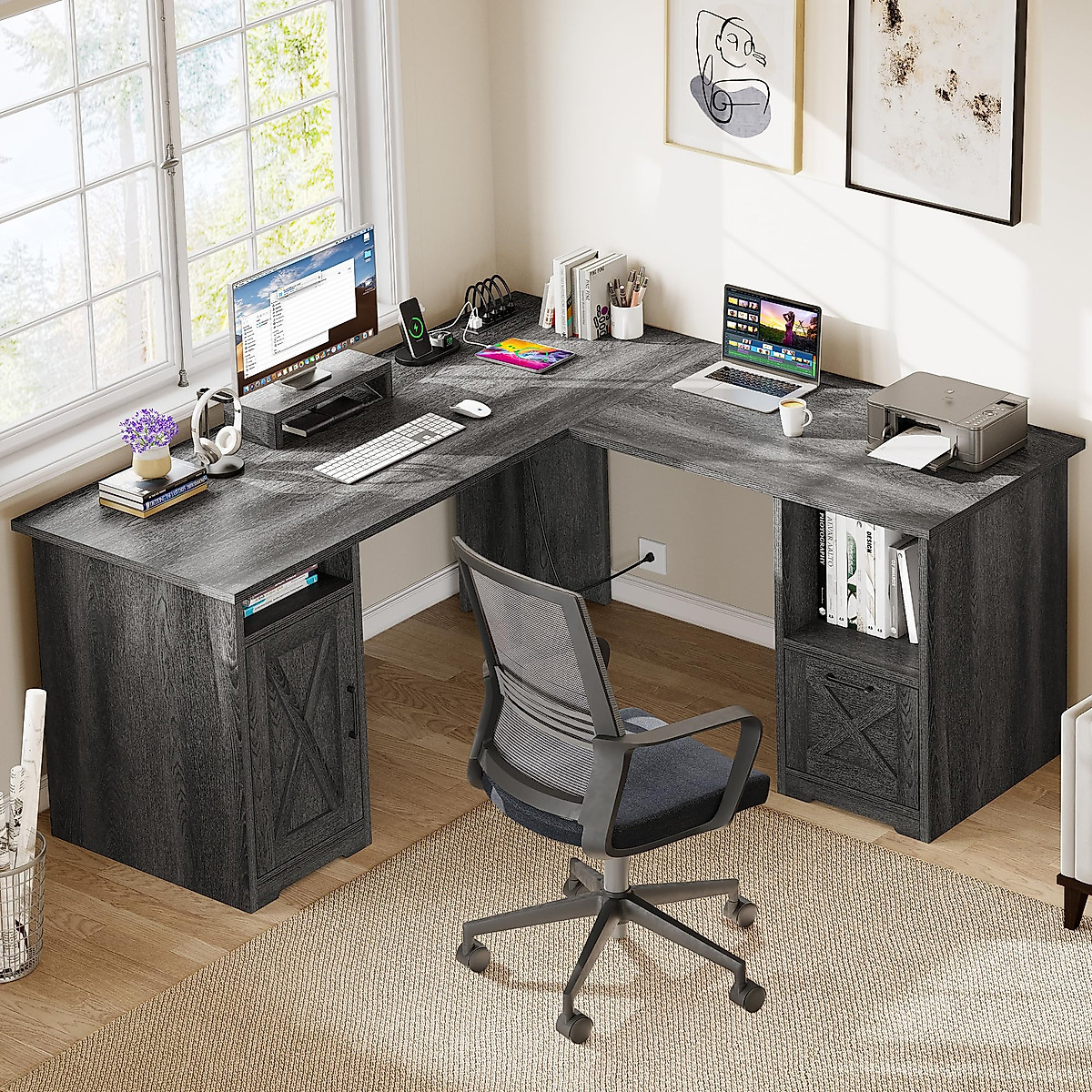 YITAHOME L Shaped Desk with Power Outlets, 60 Inch Computer Desk Corner Desk with File Drawer, Home office Desk with Monitor Stand & Storage Shelves, Large L-Shaped Office Desk with File Cabinet, Grey