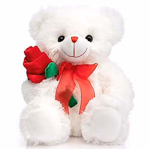 HollyHOME Teddy Bear Stuffed Animal Rose Bear with Red Bow Soft Plush Toy Holiday Valentine's Day Gift 12 Inches White