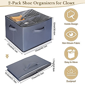 Suzile 2 Pack Shoes Organizer for Closet Fits 16 Pairs Fabric Storage Shoe Boxes with Clear Cover and Adjustable Dividers Large Wardrobe Shoe Basket Shoe Bin for Shoe Storage (Gray)