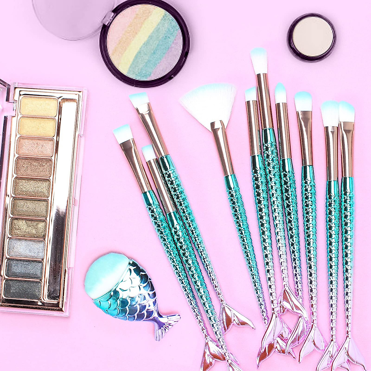 11PCS Makeup Brushes Set with Colorful Fish Tail Handle, Foundation Eyebrow Eyeliner Blush Cosmetic Concealer Brushes Women Christmas Gift Ideas Stocking Stuffers for Girls Kids Cute Make Up Tool Set