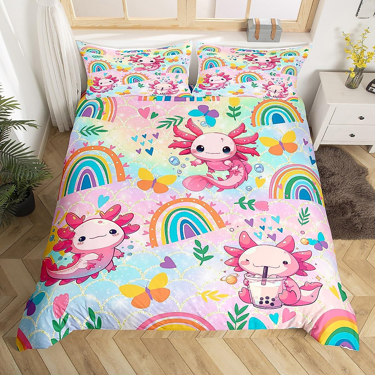 Feelyou Cute Axolotl Comforter Cover Set Cartoon Salamander Duvet Cover for Kids Boys Girls Rainbow and Butterflies Bedding Set Ombre Bedspread Cover Bedroom Collection 3Pcs Full Size