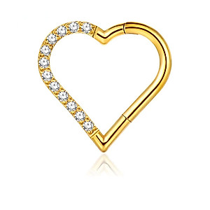 Piercingpops Heart Cartilage Conch Daith Rook Tragus Helix Earrings Cubic Zirconia Septum Clicker Ring Nose Rings Hoop Piercing Jewelry (Gold Heart Left CZ Paved, 16g- 5/16"(8mm))