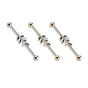 Pierced Owl CZ Crystal Leaf Stainless Steel Industrial Barbell (Silver Tone)