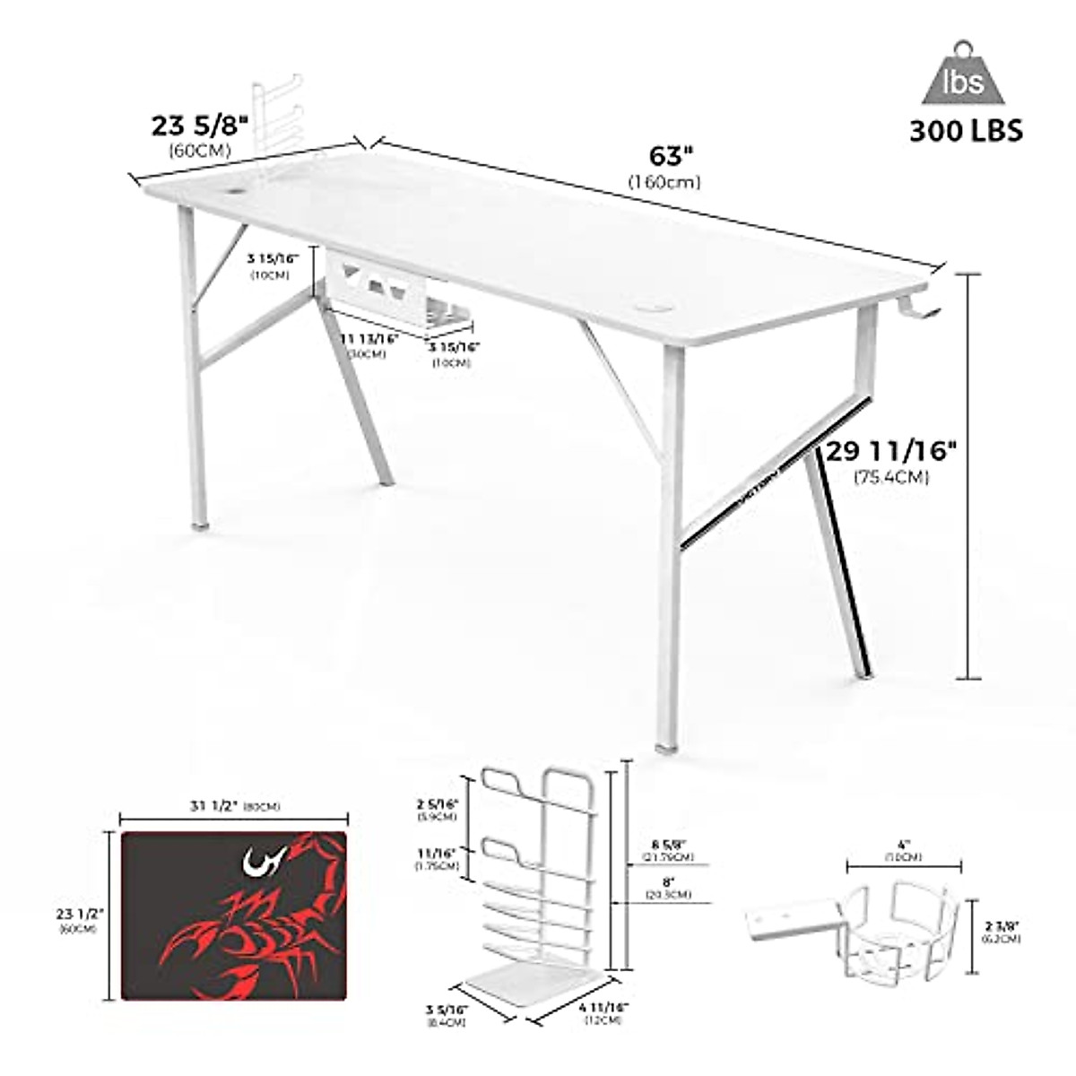 EUREKA ERGONOMIC White Computer Desk, 63 x 24 Inch K Shaped Long Gaming Desk for Home Office Work Study Writing Table with Cable Management, Cup Holder, Headphone Hook, Mouse Pad, Easy to Assemble