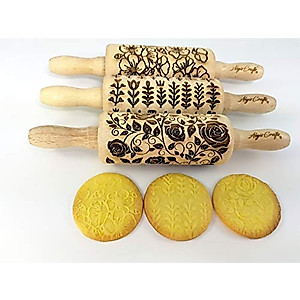 GARDEN BLOSSOMS 3 Small Size Embossed Rolling Pin Set. Wooden Laser Engraved Embossing Dough Roller for Embossed Cookies Gift for Birthday, Easter, Christmas by Algis Crafts