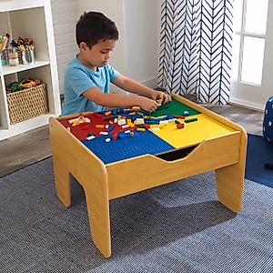 KidKraft 2-in-1 Reversible Top Activity Table with 200 Building Bricks and 30-Piece Wooden Train Set, Natural, Gift for Ages 3+