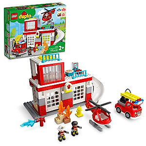 LEGO DUPLO Fire Station & Helicopter Playset 10970, with Push & Go Truck Toy for Toddlers, Boys and Girls 2 Plus Years Old, Large Bricks Educational Learning Toys