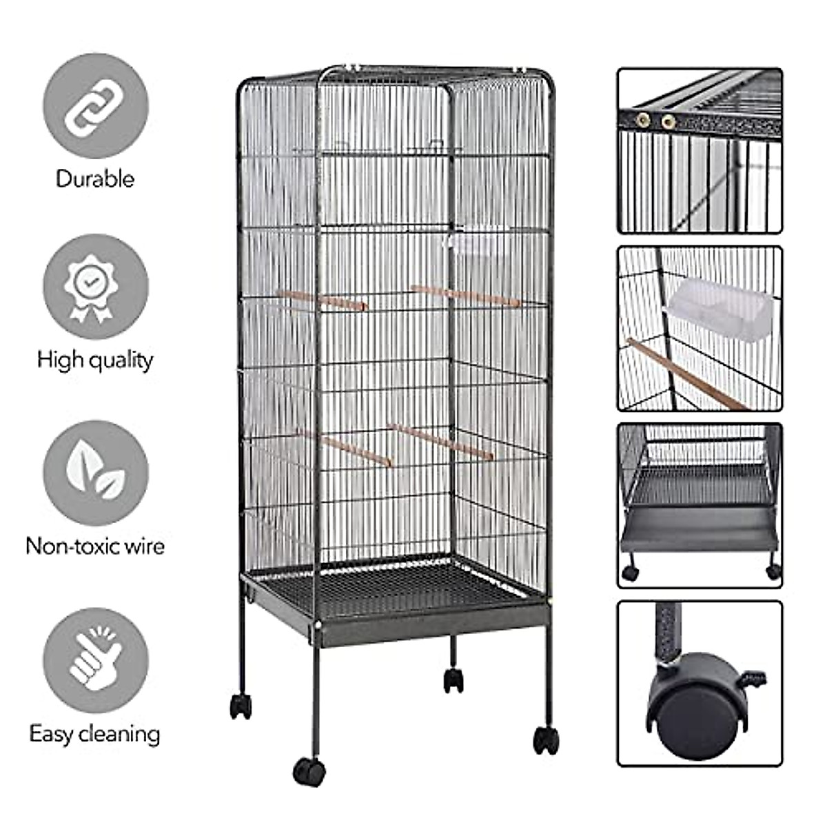 Talis 58” Large Bird Cage with Rolling Stand – Wrought Iron Birdcage for Cockatiels, Parrots, Parakeets, Conures – with 360° Swiveling Coasters, Easy to Clean, Super Strong, Sturdy and Durable