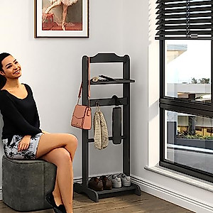 RELAHOGAR Men's Valet Stand, Black Wooden Clothes Stand with Tray, Freestanding Garment Rack Organizer for Enterway Office Bedroom