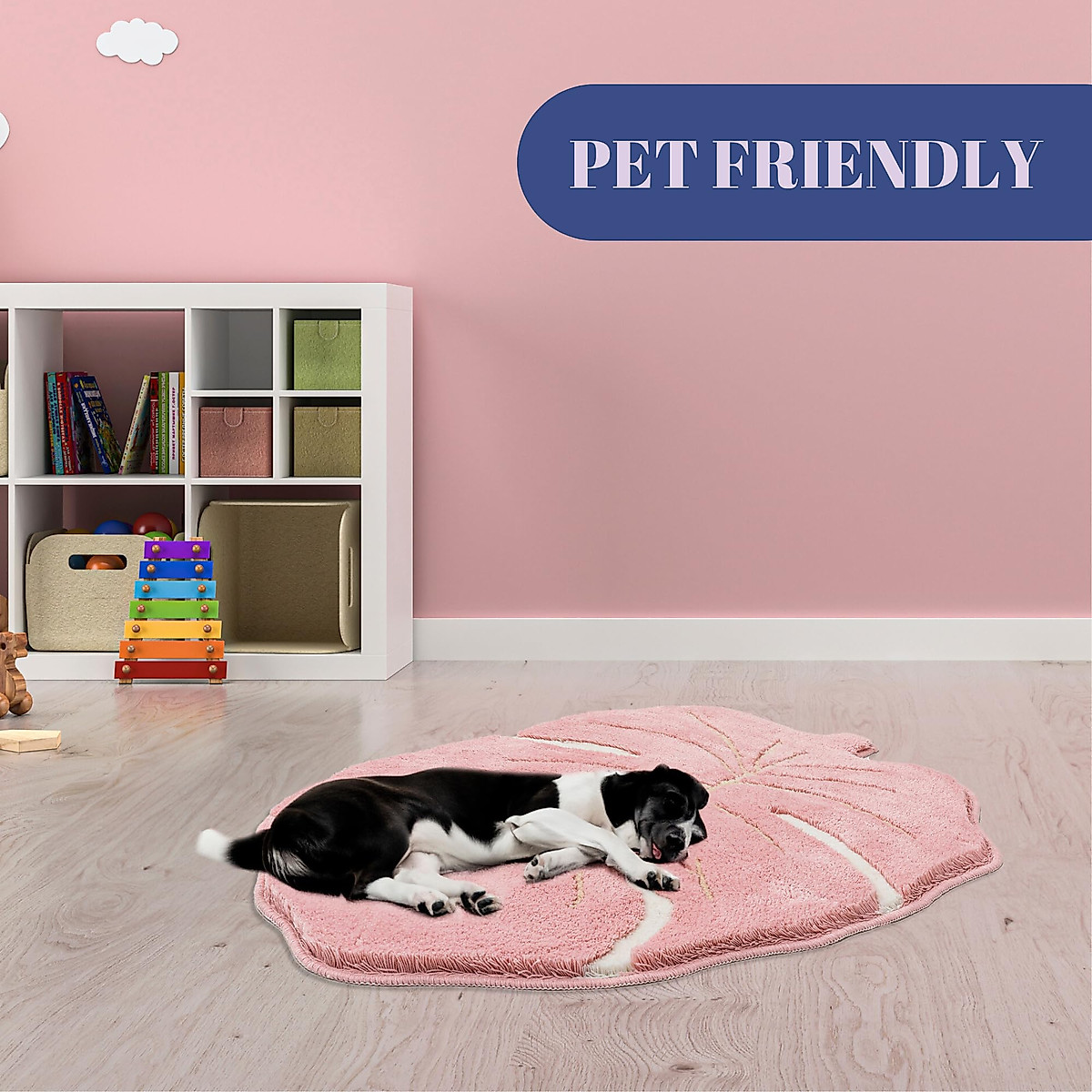 Beyond Deco Hand Tufted Monstera Pink leaf Rug 47x31 inches, non slip soft palm tree plant Area Rug, Anime non slip machine washable bath mats for shower