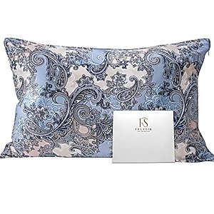 FELYSIK Blue Gray Paisley Silk Pillowcase for Hair and Skin - Standard 20"x26", 22 Momme 100% Mulberry Silk Floral Print Pillow Cases with Zipper