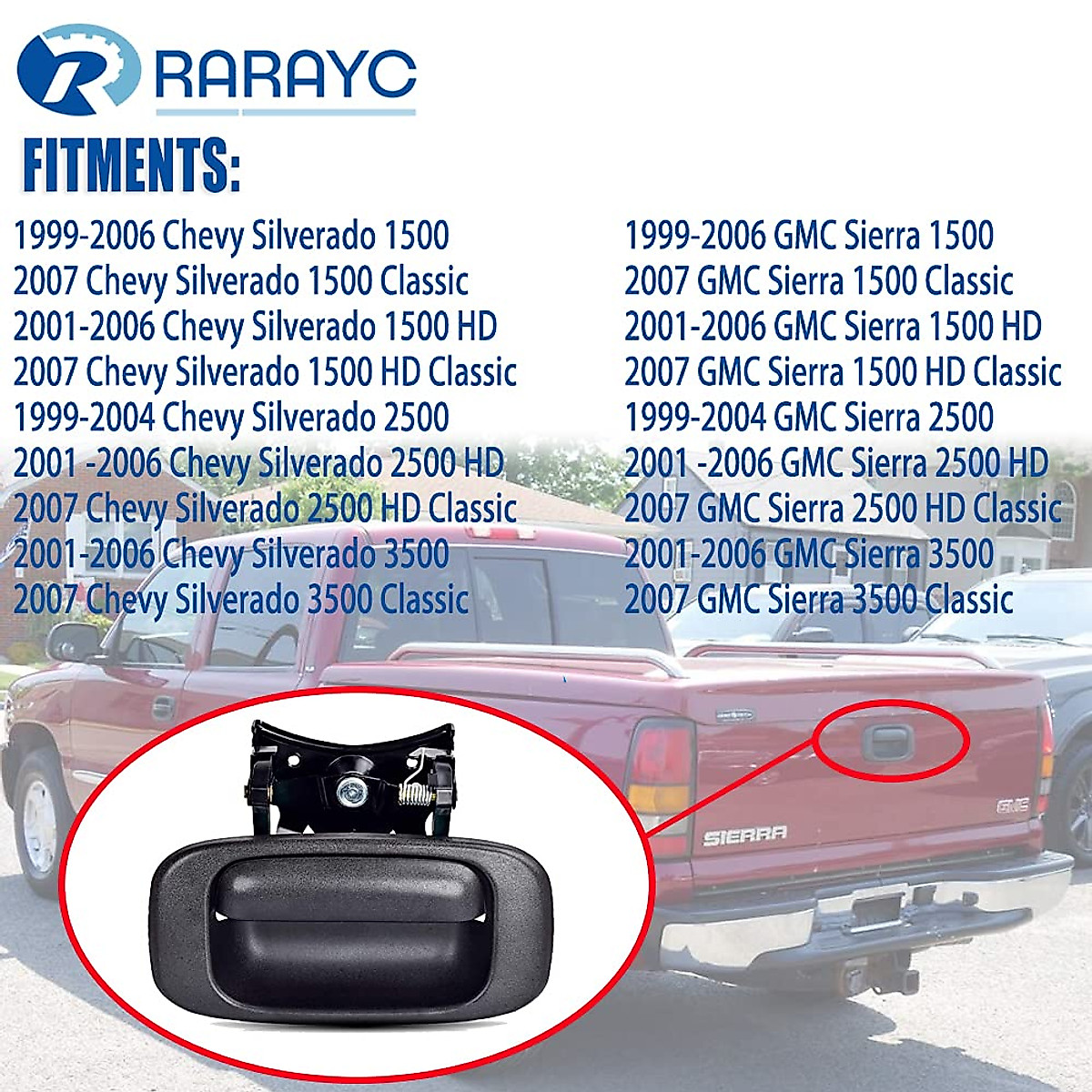 RARAYC Tailgate Handle and Bezel | Replacement for 1999-2007 Chevy Silverado GMC Sierra 1500 2500 3500 | Replaces# 15997911, 15228539, 15228541, 15228540