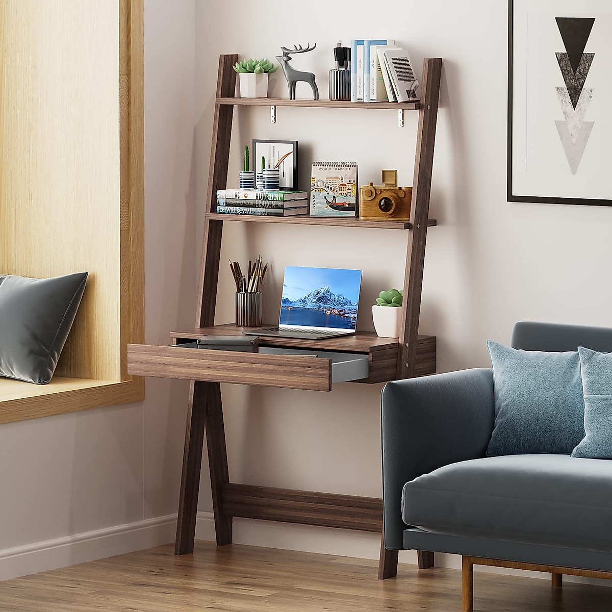 Giantex 3 Tier Ladder Desk with Drawer, 33" Width Walnut Ladder Shelf with Anti-Tipping Device, Freestanding Bookshelf, Leaning Computer Desk with Shelves for Small Space