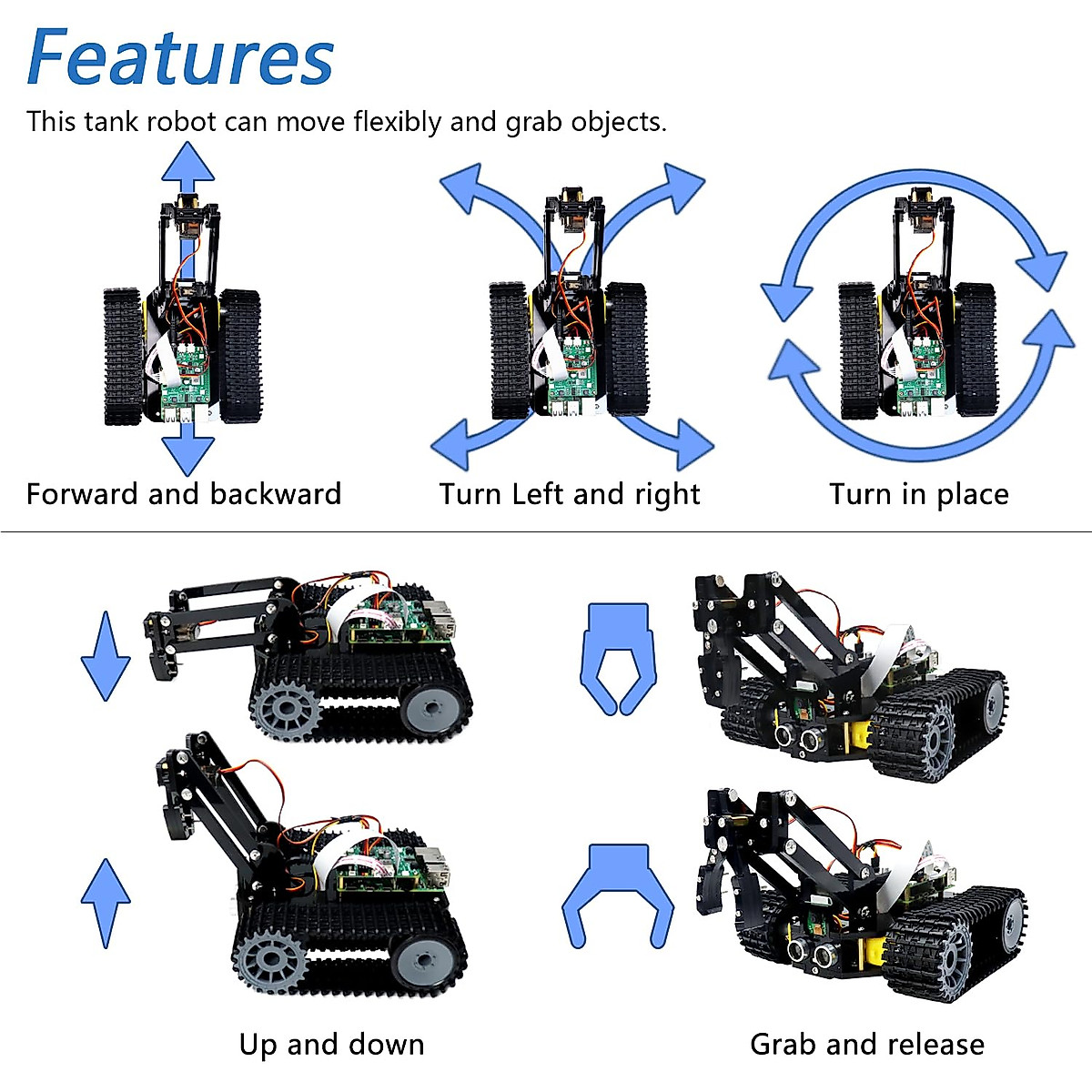 Freenove Tank Robot Kit for Raspberry Pi 4 B 3 B+ B A+, Crawler Chassis, Grab Objects, Ball Tracing, Line Tracking, Obstacle Avoidance, App Control, Camera, Servo (Raspberry Pi NOT Included)