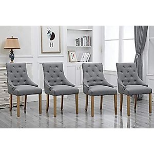 HomeSailing 4 Comfy Armchairs Dining Room Chairs with Arms Only Grey Fabric Upholstered Kitchen Chairs High Back Button Tufted Padded Side Chairs for Living Room Wood Oak Legs Chairs (Gray Set of 4)
