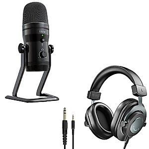 FIFINE USB Studio Recording Microphone 3.5mm/6.35mm Monitor Headphones for Podcast, Computer Mic with Mute Button, Four Pickup Patterns for Vocals ASMR, Black Headphones (K690+H8)