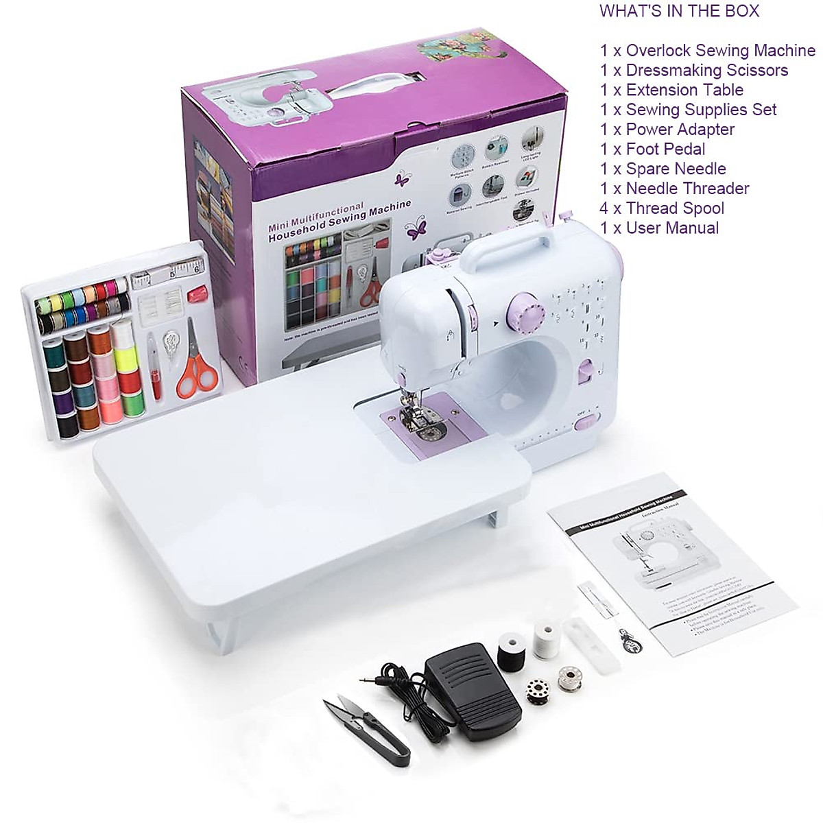 Mini Sewing Machine by Kalatic (Including Extension Table and Sewing Supplies Set) - Small Electric Overlock Sewing Machines with 2 Speed 12 Built-in Stitch Patterns KT-005-A17